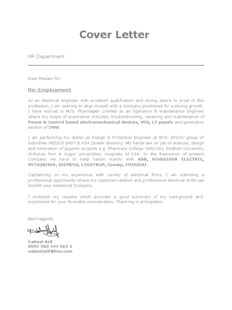 Nabeel Arif (Electrical Engineer) Cover Letter | PDF