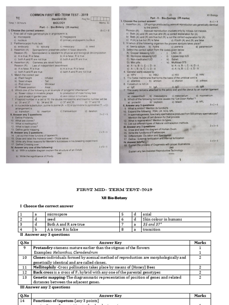 1 12th Biology First Mid Term Exam Original Question Paper With Answer Key Trichy District MR ...