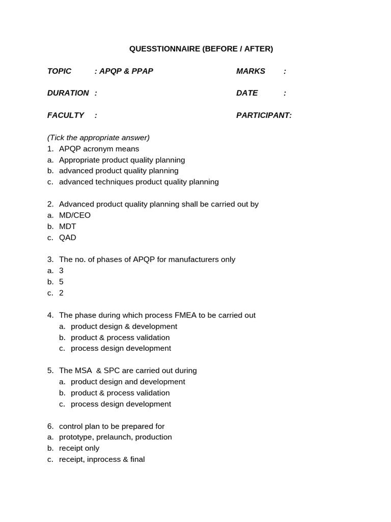 APQP & PPAP Questionnaire | PDF