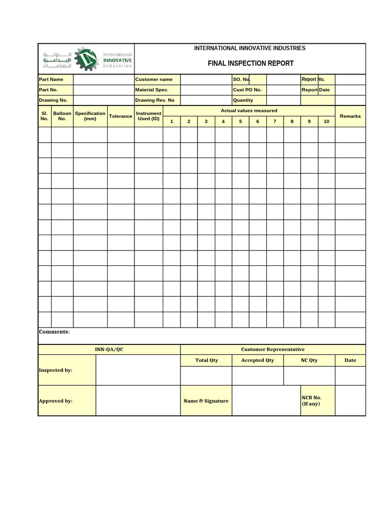 Final Inspection Report for Parts | PDF
