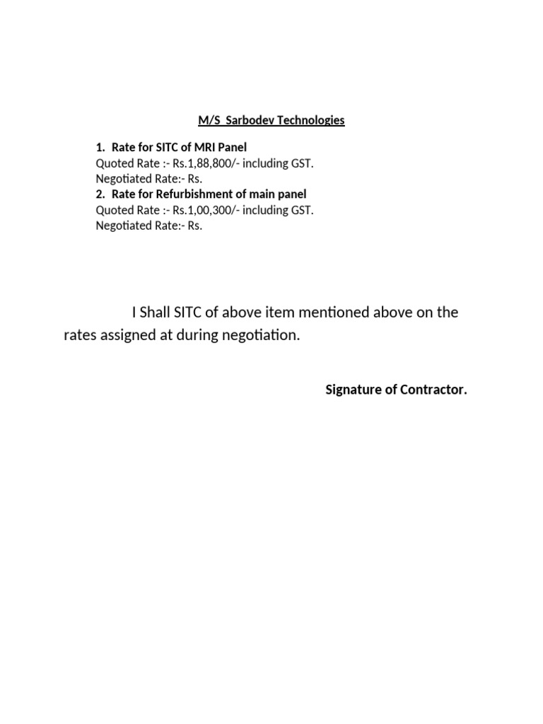 I Shall SITC of Above Item Mentioned Above On The Rates Assigned at ...