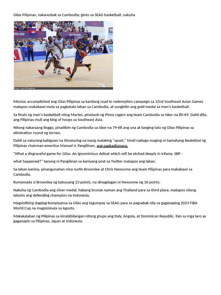 Balitang Sports - Gilas Pilipinas, Nakaresbak Sa Cambodia Ginto Sa SEAG ...