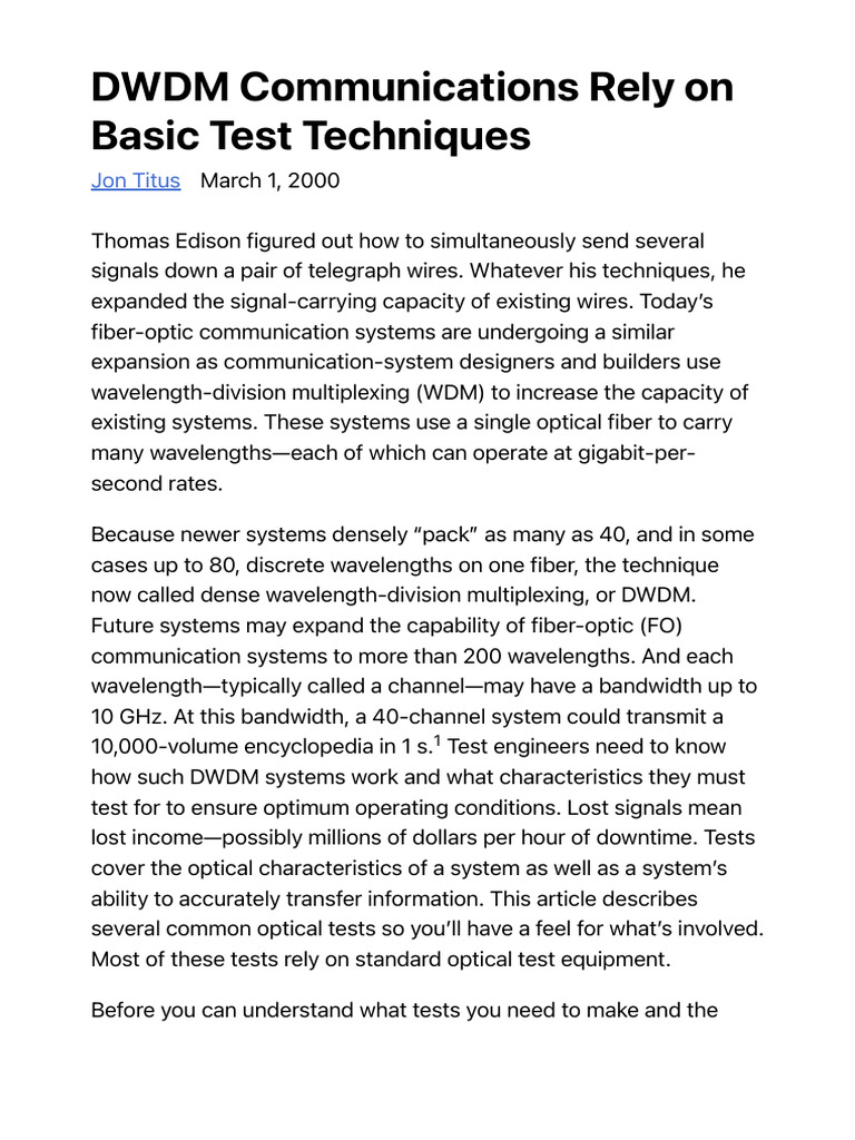 DWDM Communications Rely On Basic Test Techniques: Jon Titus | PDF ...
