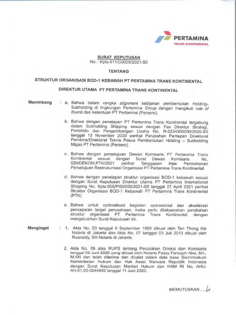 Surat Keputusan Struktur Organisasi BOD-1 PTK Tahun 2021, 2023, 2024 (Badan SK) | PDF