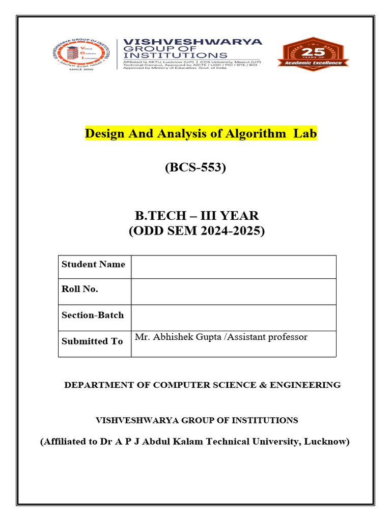 Design and Analysis of Algorithm Lab (BCS-553) : Student Name Roll No. Section-Batch Submitted ...