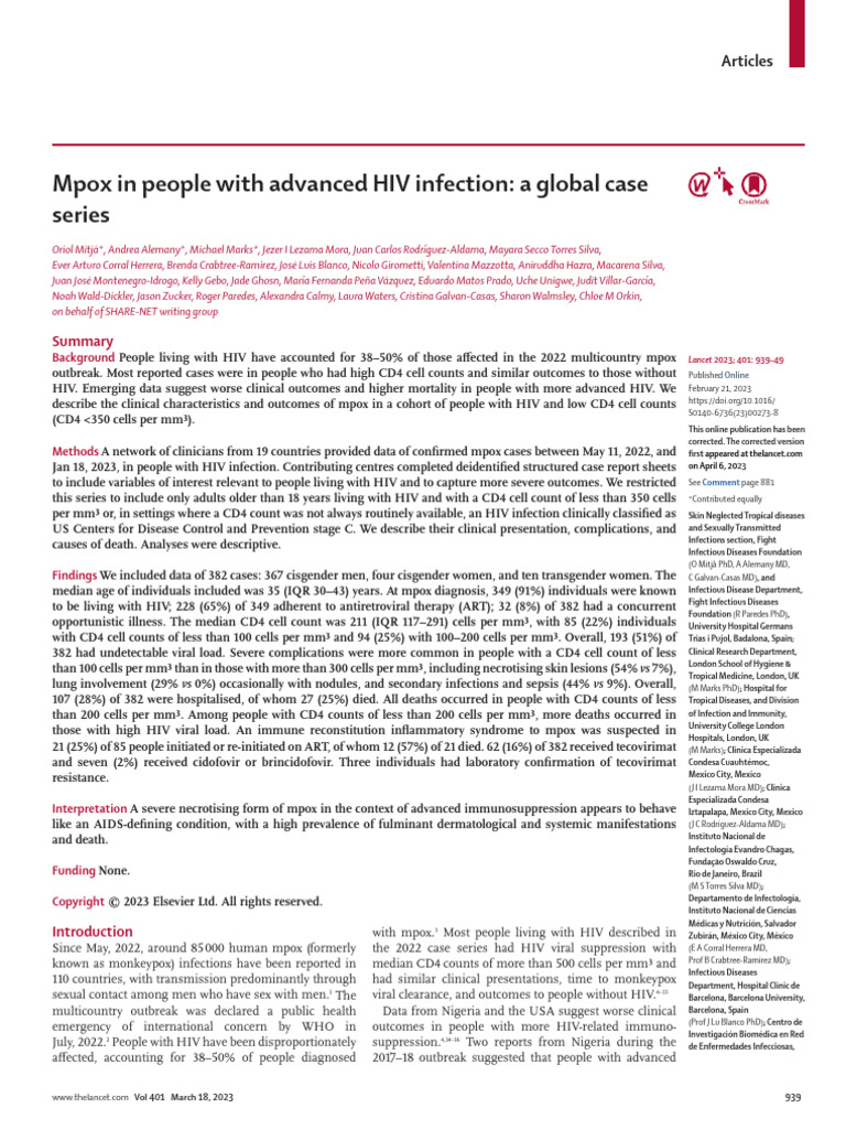 Mpox in People With Advanced HIV Infection A Glob | PDF | Causes Of ...