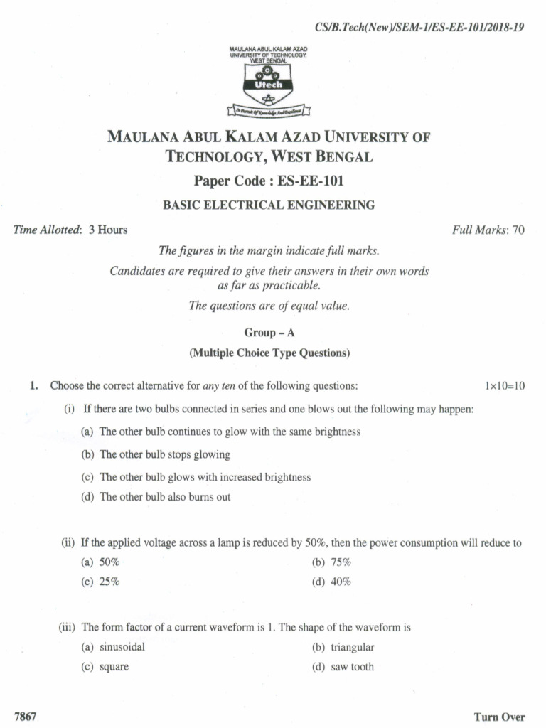 Basic Electrical Engineering ES EE 101 2018-1 | PDF