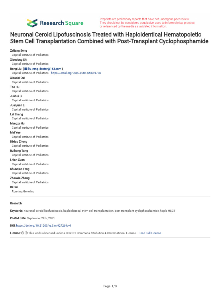 Neuronal Ceroid Lipofuscinosis Treated With Haploidentical Hematopoietic Stem Cell ...
