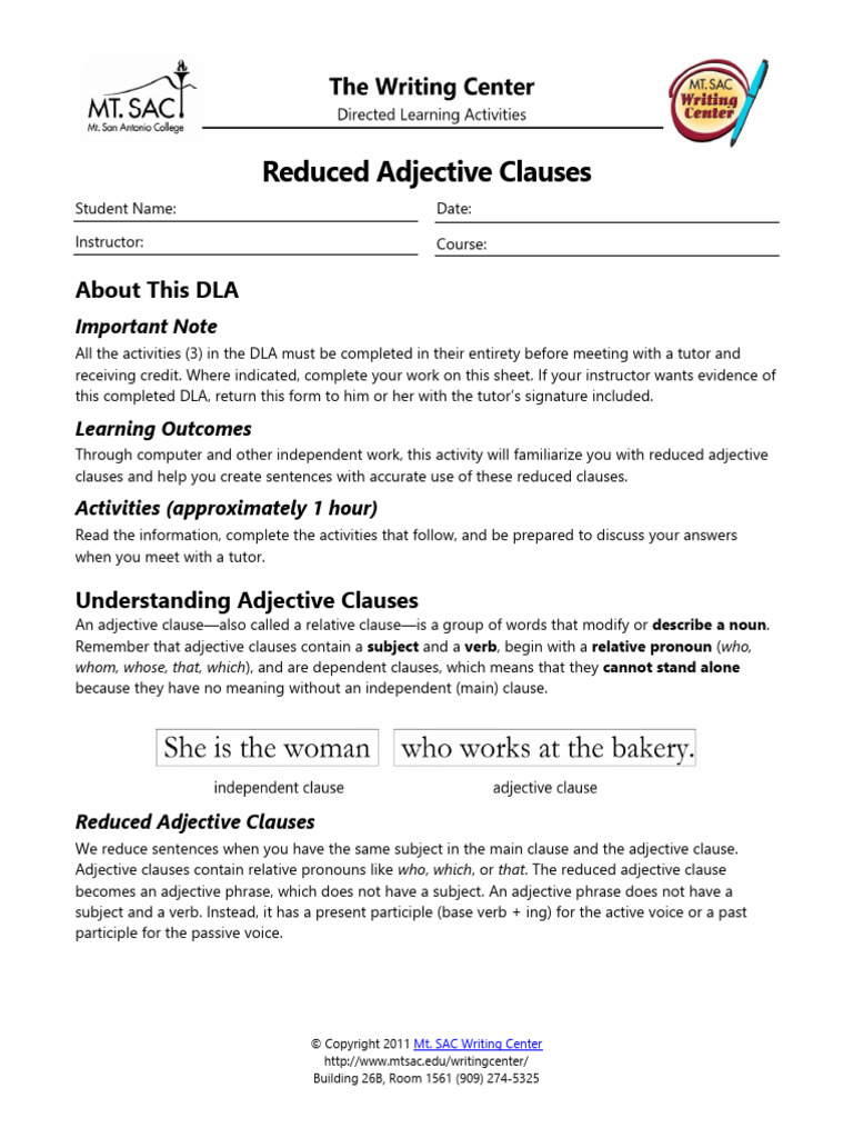 Reduced Adjective Clauses Worksheet | PDF | Verb | Adjective