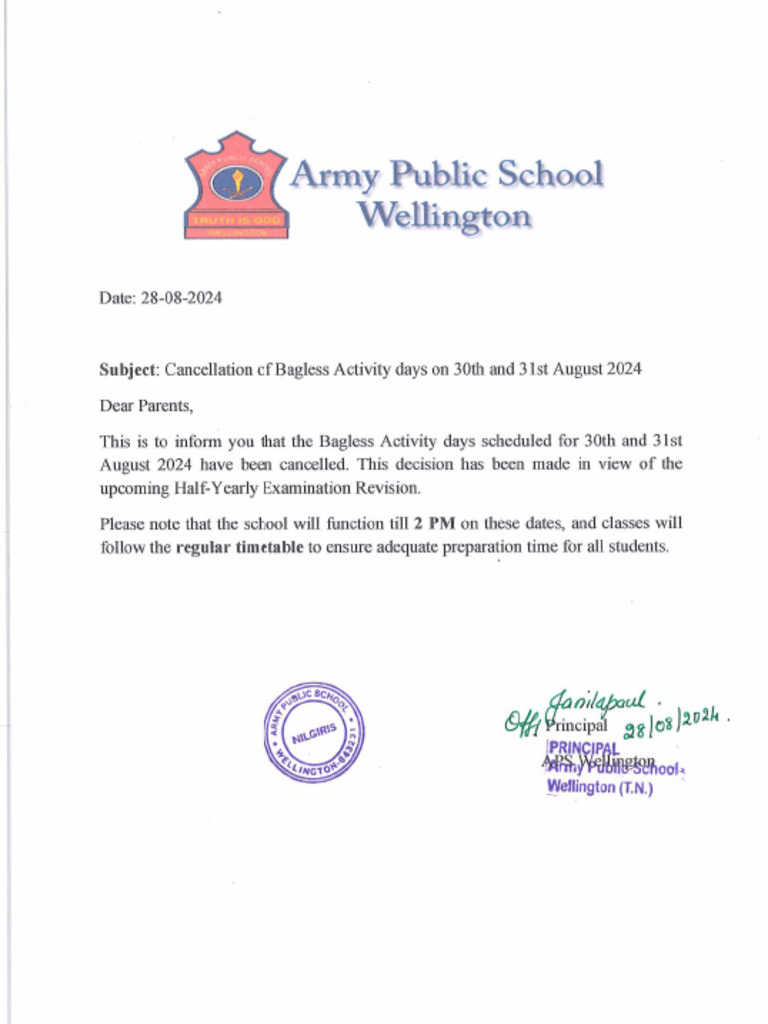 Cancellation of Bagless Activity Days | PDF