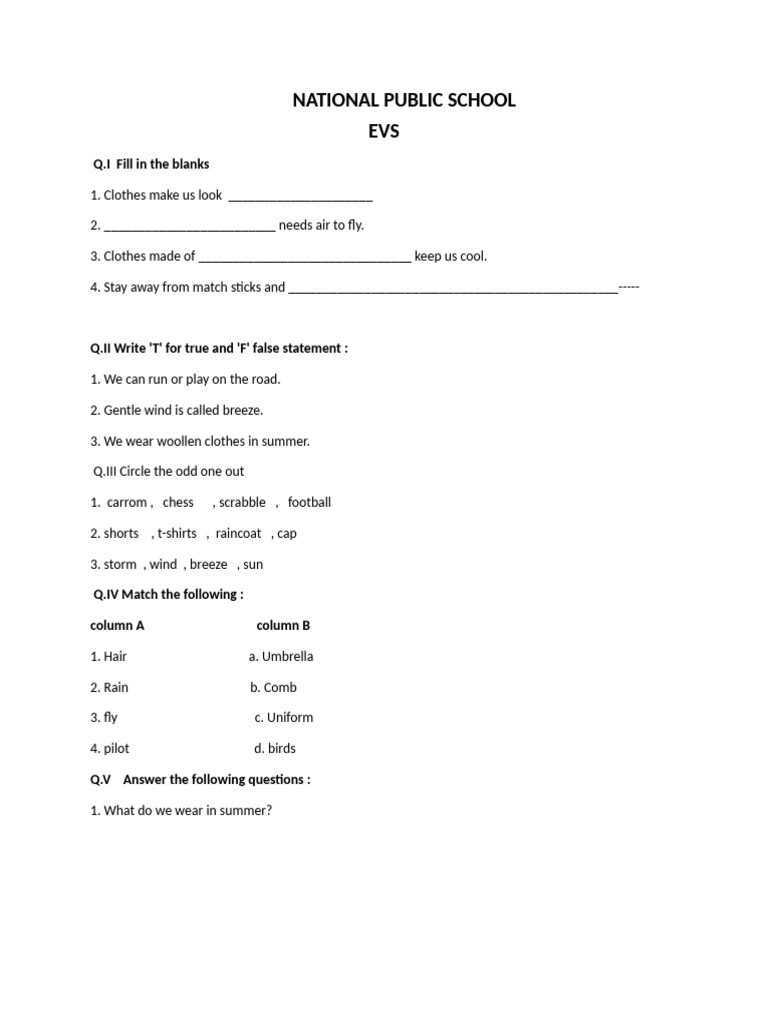 Class 4 EVS Question Paper | PDF