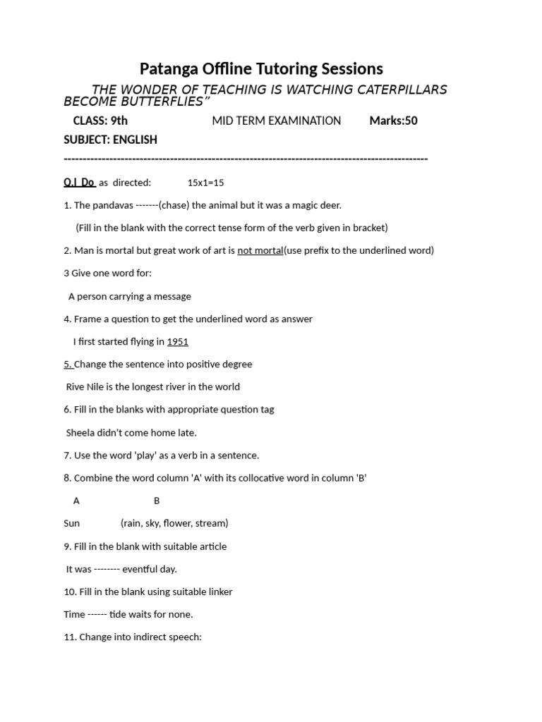 Class 9 English Mid Term Exam Paper | PDF | Verb | Grammar