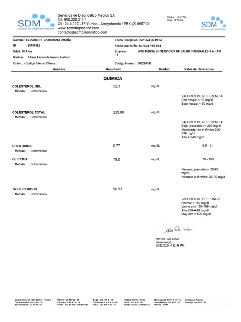 Química: Servicios de Diagnostico Medico SA Nit: 900.220.311-4 CLL 12a ...