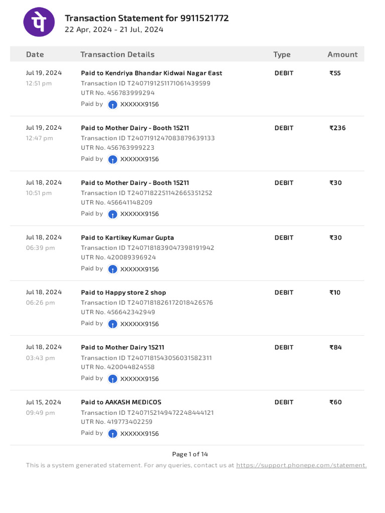 PhonePe Statement Apr2024 Jul2024 | PDF | Debit Card | Banking