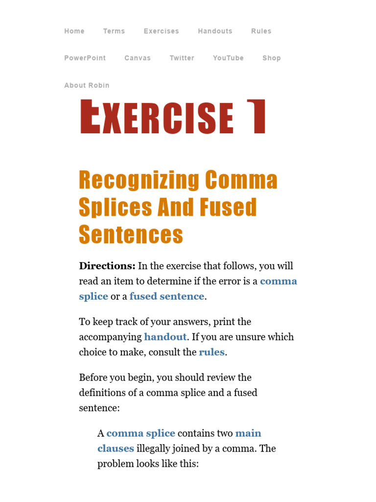 Comma Splices and Fused Sentences - Exercise 1 - Grammar Bytes! | PDF
