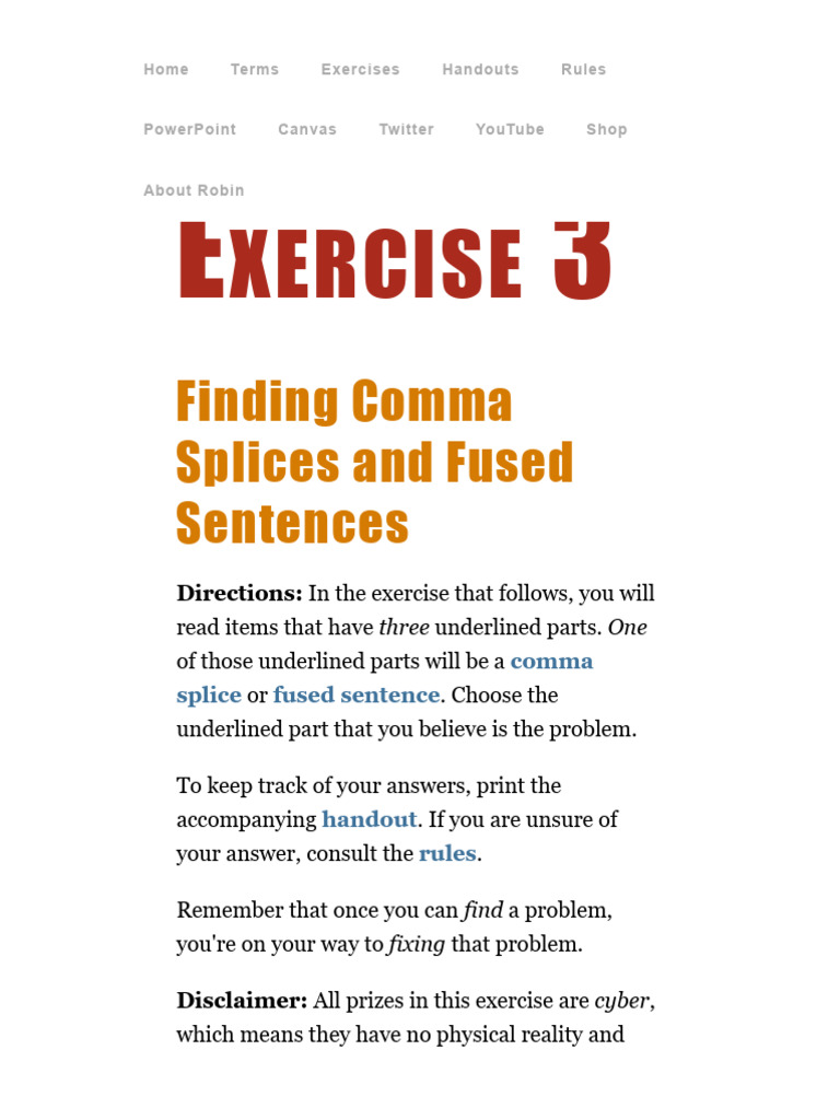 Comma Splices and Fused Sentences _ Exercise 3 _ Grammar Bytes! | PDF