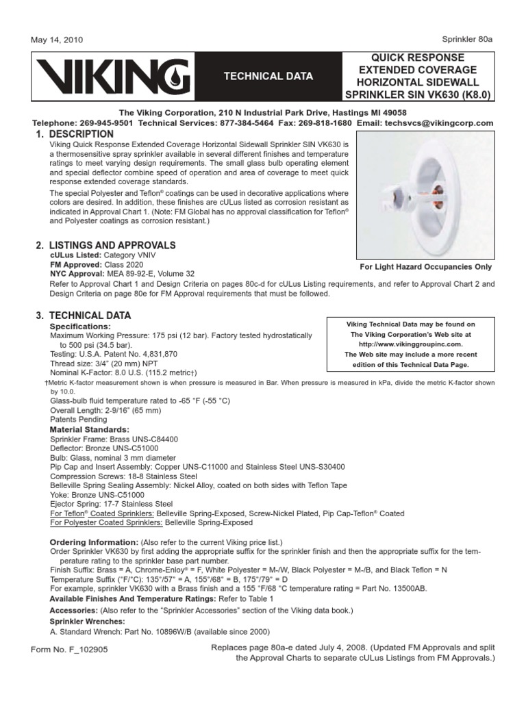 Viking Extended Coverage Quick Respons Sidewall | PDF | Fire Sprinkler ...