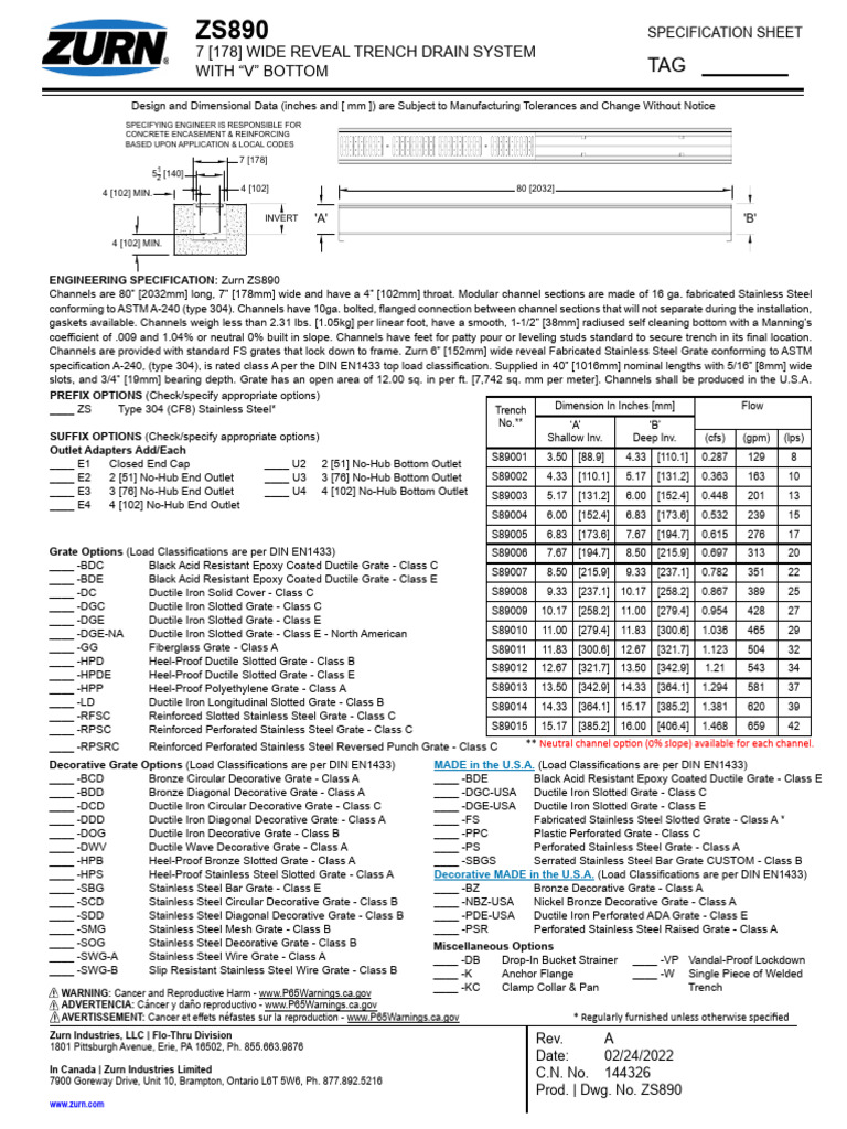Zurn ZS890 Trench Drain System Specs | PDF | Stainless Steel | Steel