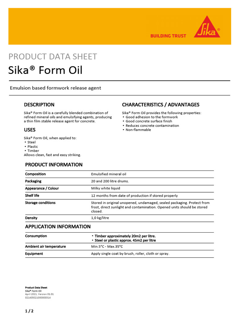 sika-form-oil | PDF | Emulsion | Concrete