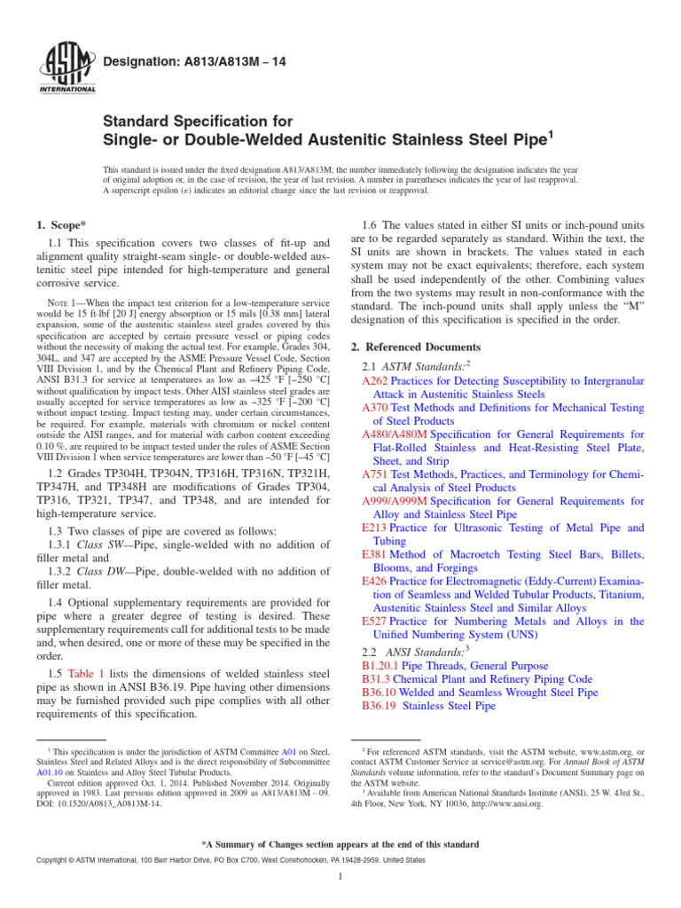ASTM A813 Specification for Stainless Pipe | PDF | Pipe (Fluid ...
