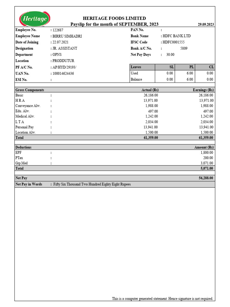 Payslip For The Month of SEPTEMBER, 2023 | PDF | Payments | Personal ...