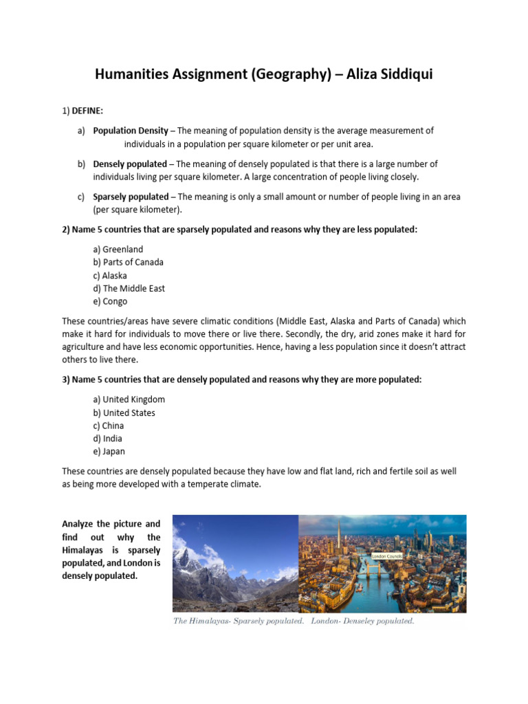 Aliza - Siddiqui - Aliza Siddiqui - Humanities Assignment | PDF | Population Density | Physical ...