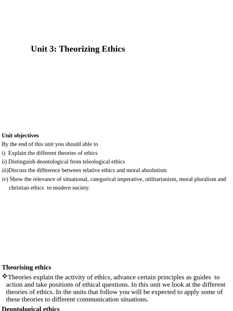 Ethics Theories: Deontology, Teleology, Utilitarianism | PDF | Morality ...