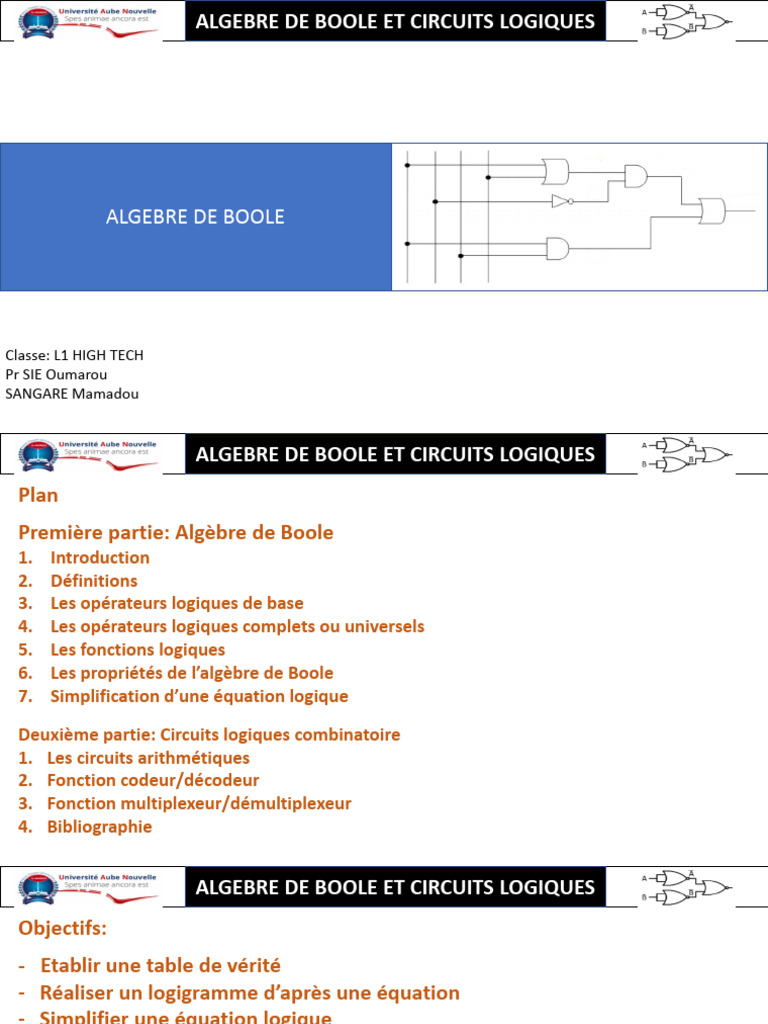 Algèbre de Boole et Circuits Logiques | PDF | Algèbre de Boole (logique ...