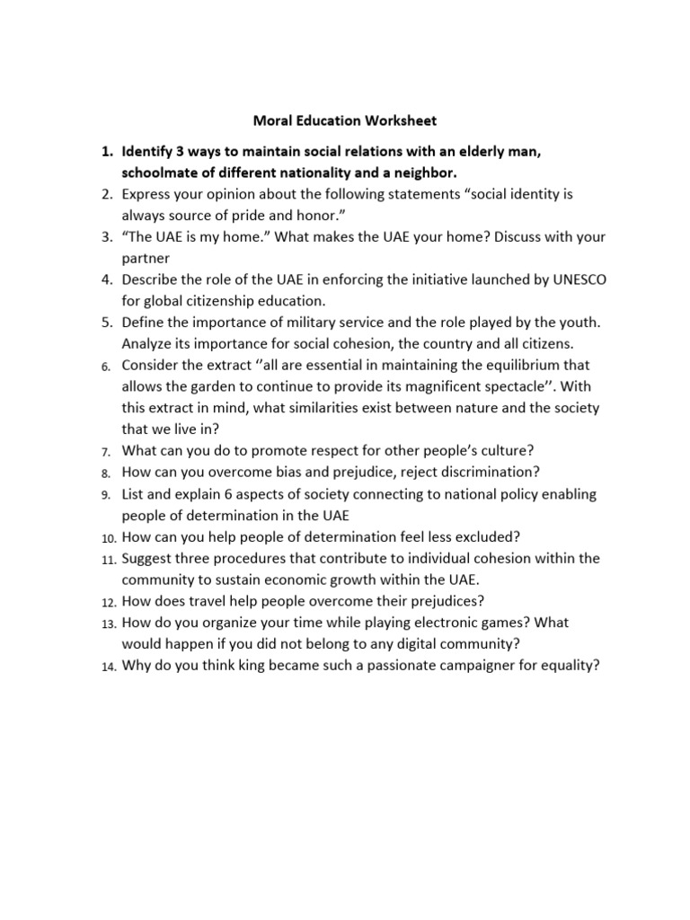 Moral Education Worksheet | PDF