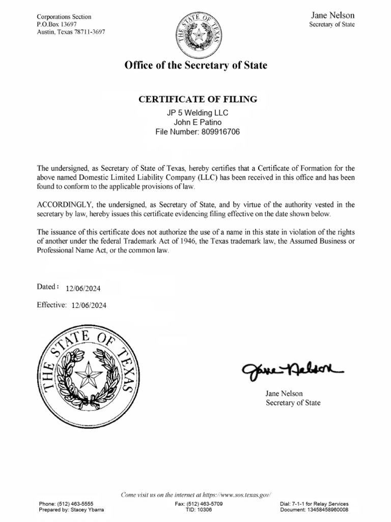 JP Certificate of Filing | PDF