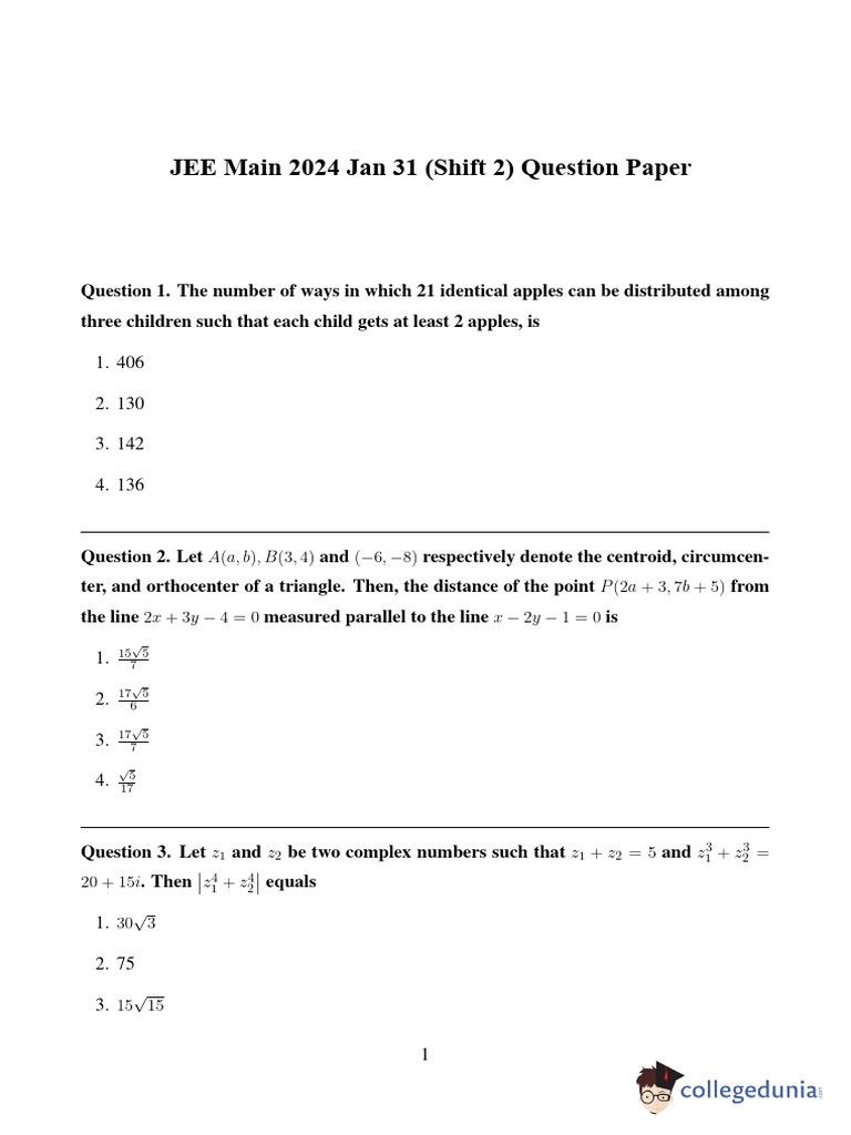 JEE Main 2024 Jan 31 Shift 2 Question Paper | PDF | Geometry ...