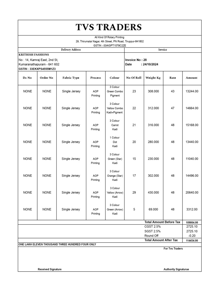 Rotary Printing Invoice for Fabrics | PDF