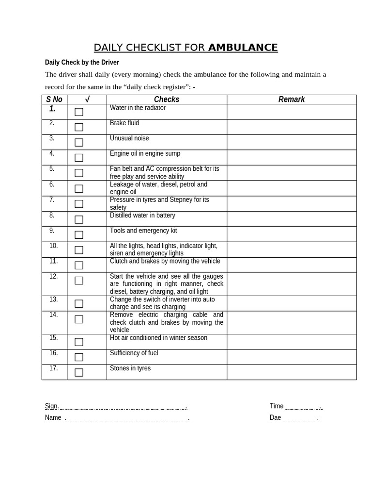 Daily Checklist For Ambulance | PDF
