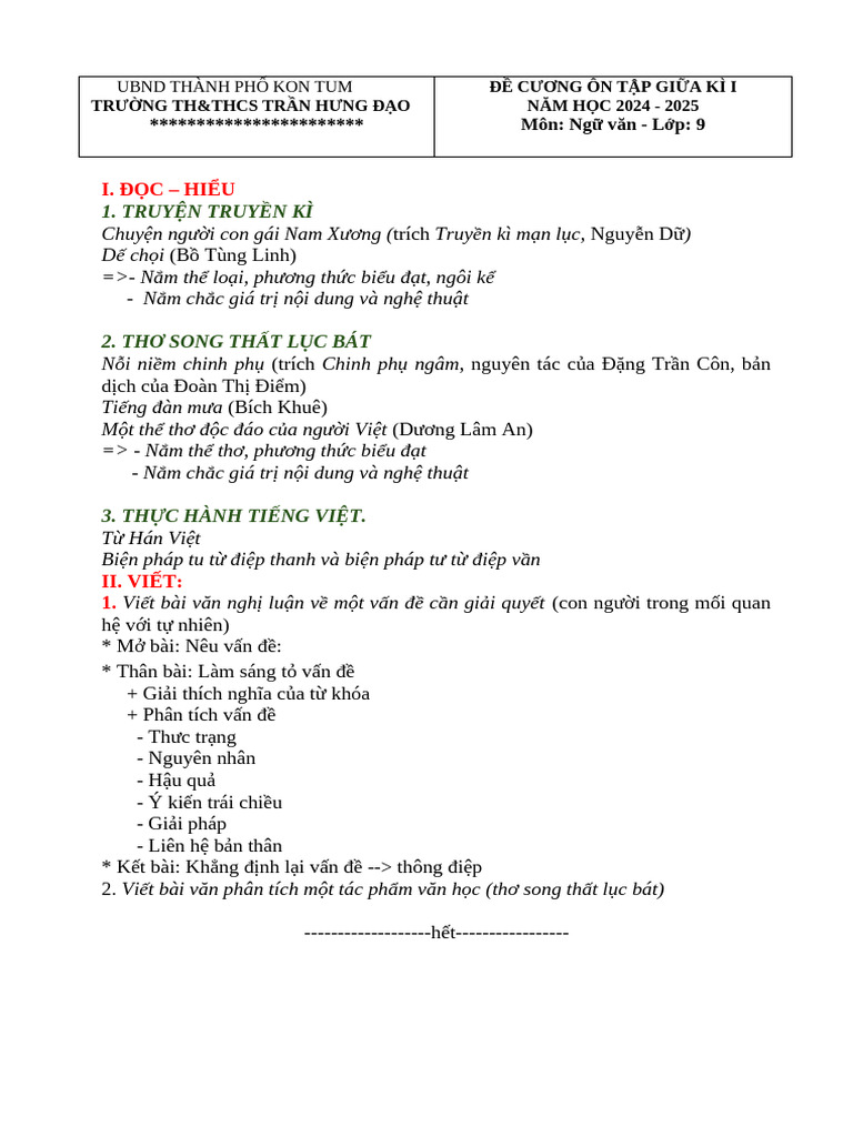ĐỀ CƯƠNG văn 9 GKI 24-25 | PDF