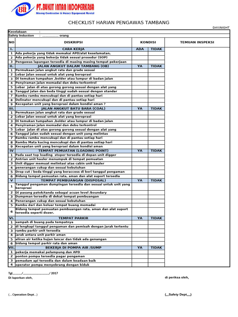 014.form Checklist Harian Pengawas Tambang | PDF