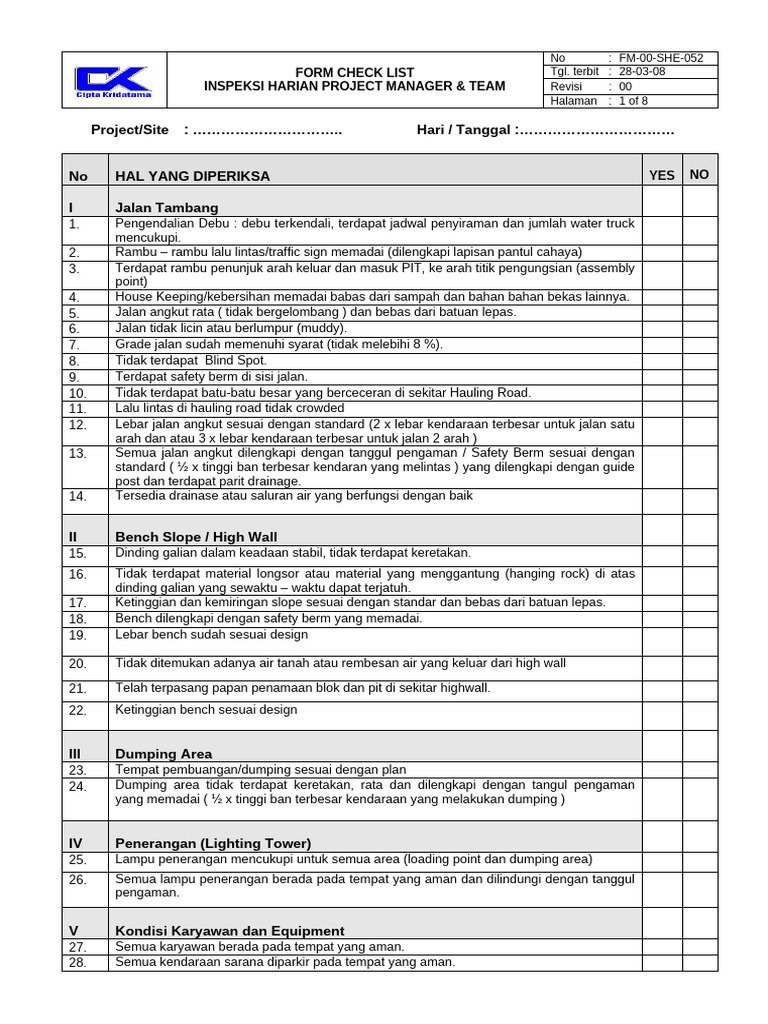 Form No FM-00-SHE-052 Inspeksi Harian Project Manager & Team (Rev 0) | PDF