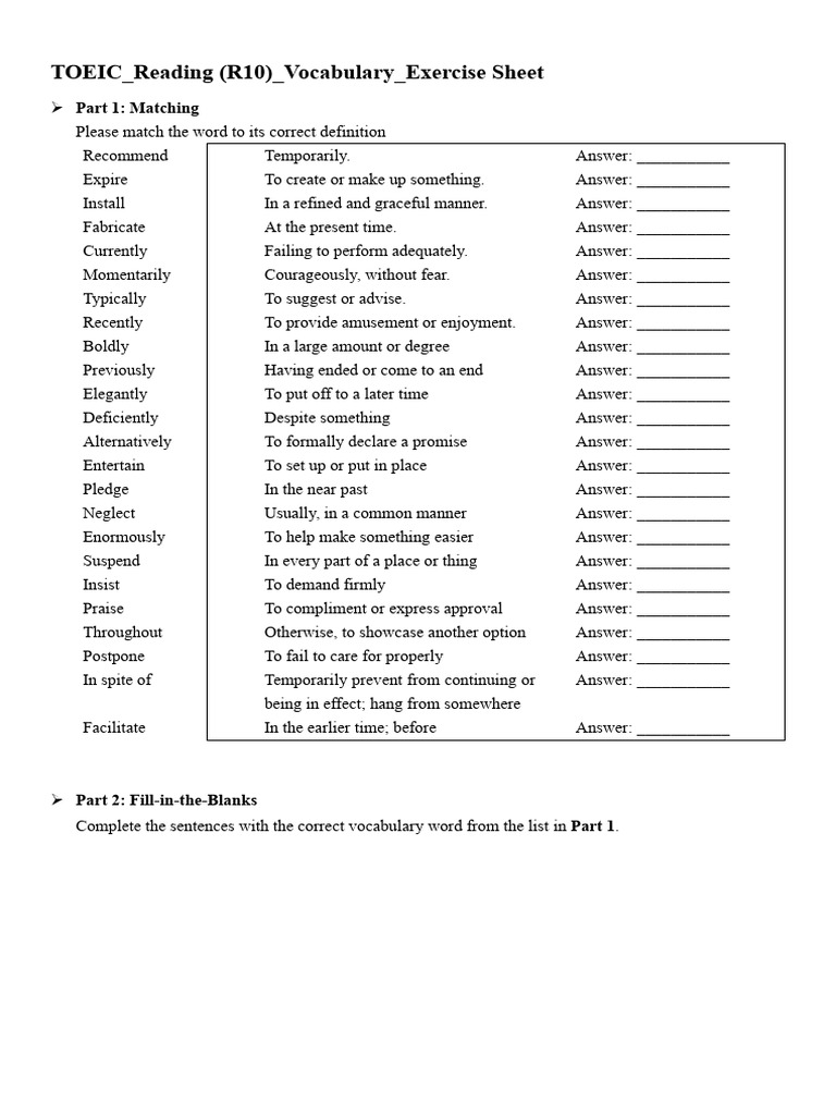 TOEIC_Reading (R10)_Vocabulary_Exercise Sheet | PDF