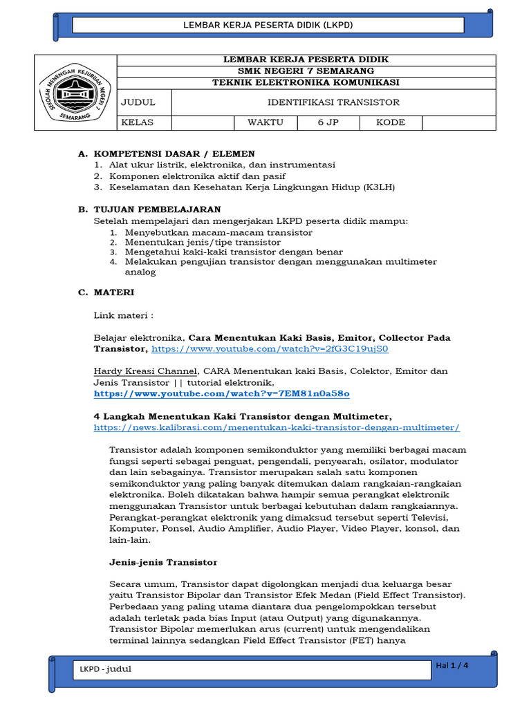 Identifikasi dan Pengujian Transistor | PDF