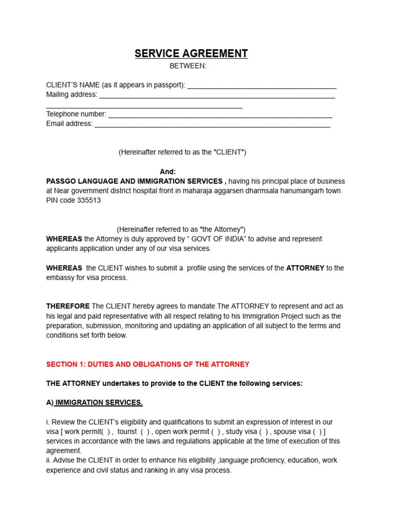 SERVICE AGREEMENT | PDF | Travel Visa | Lawyer