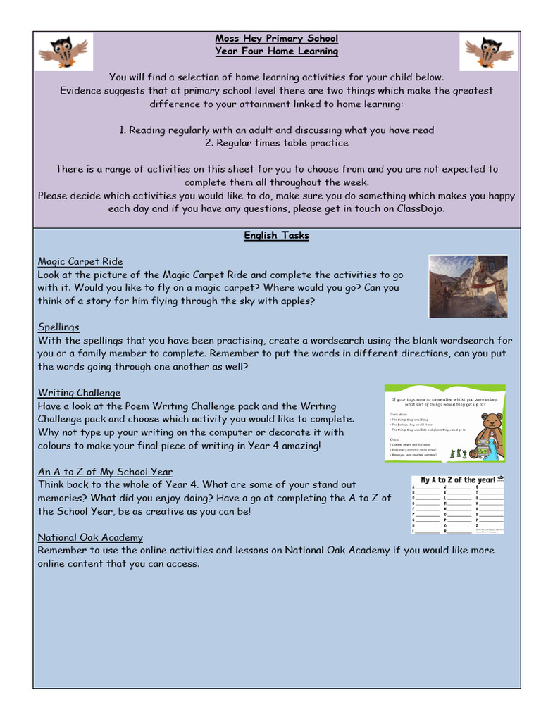year-4-home-learning-grid-20.07.20 | PDF | Learning | Cognition
