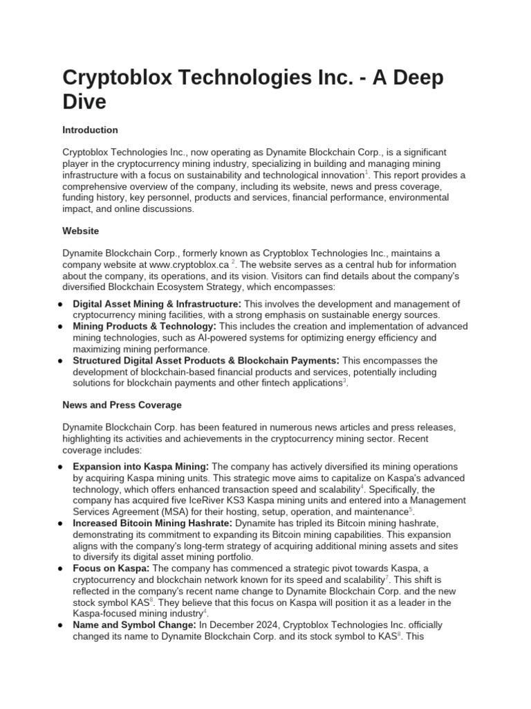Dynamite Blockchain Corp. Overview | PDF | Cryptocurrency | Sustainability