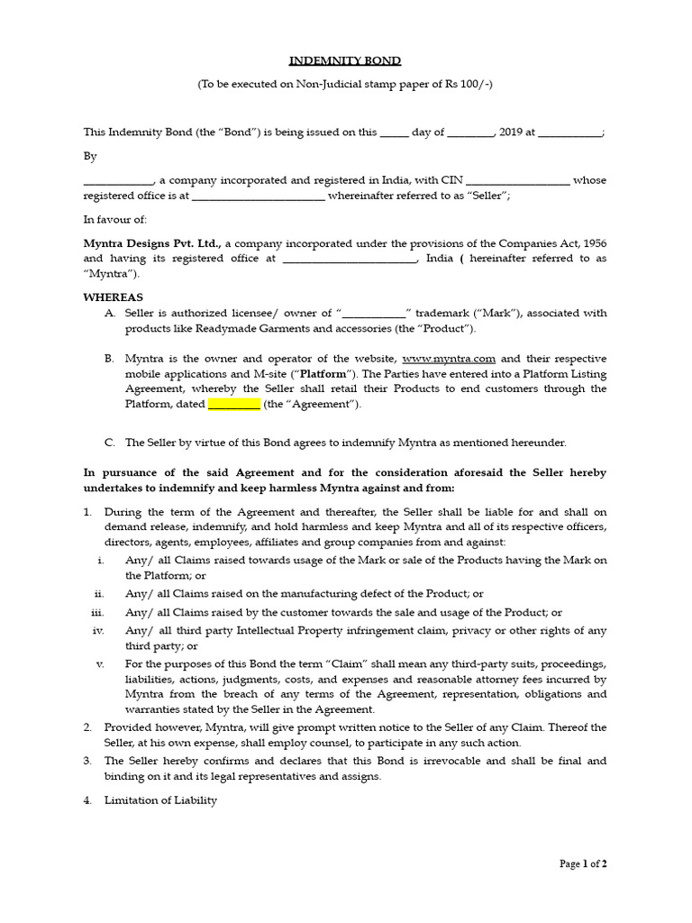 Myntra Indemnity Bond Format | PDF | Legal Liability | Legal Concepts