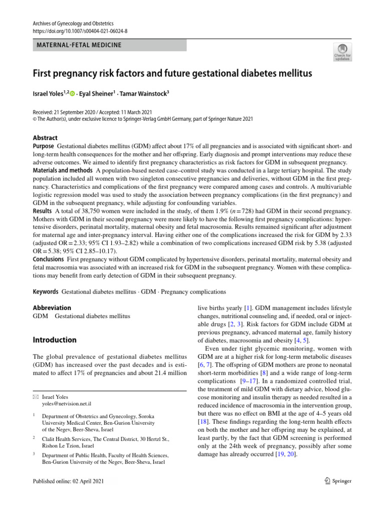 First Pregnancy Risk Factors and Future Gestational Diabetes Mellitus ...