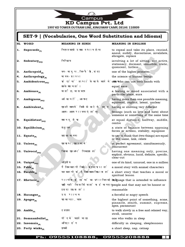 09 - Vocabularies, One Word Substitution and Idioms | PDF