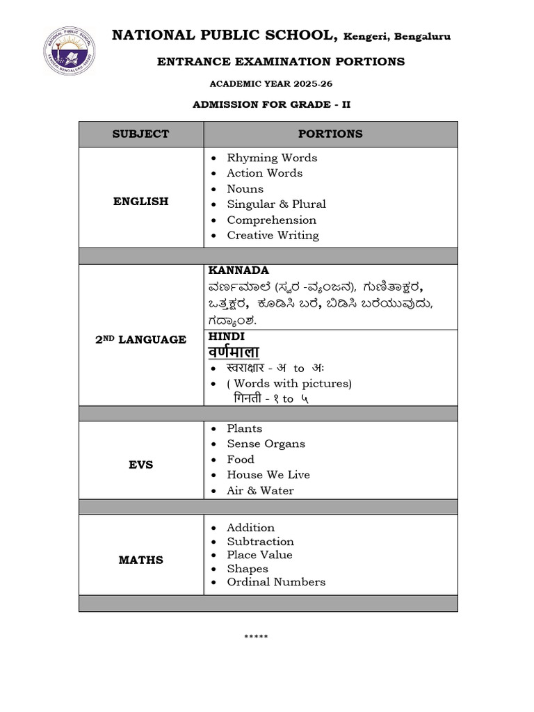 Entrance Test Portions for Grade 2 | PDF