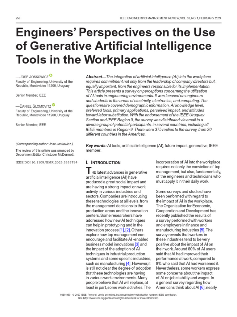 Engineers Perspectives On The Use of Generative Artificial Intelligence Tools in The Workplace ...