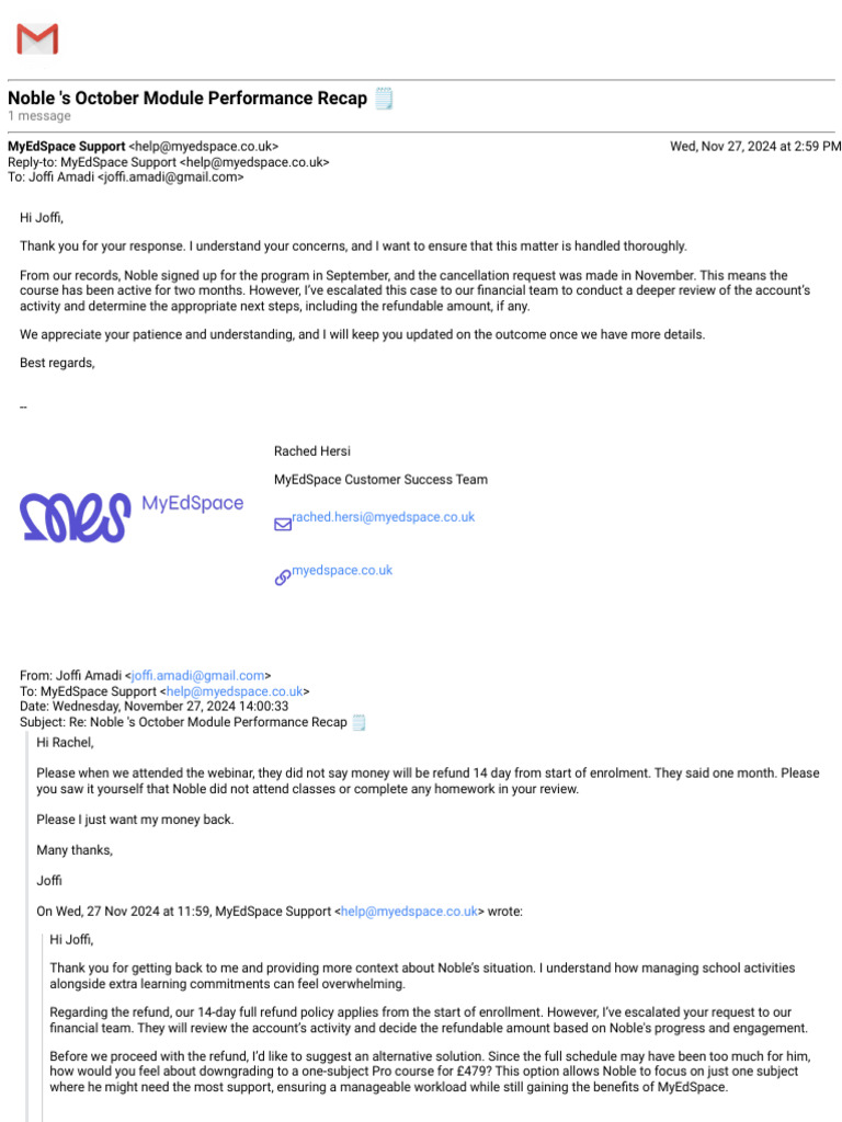 MyEdspace Response On Our Request For Refund | PDF