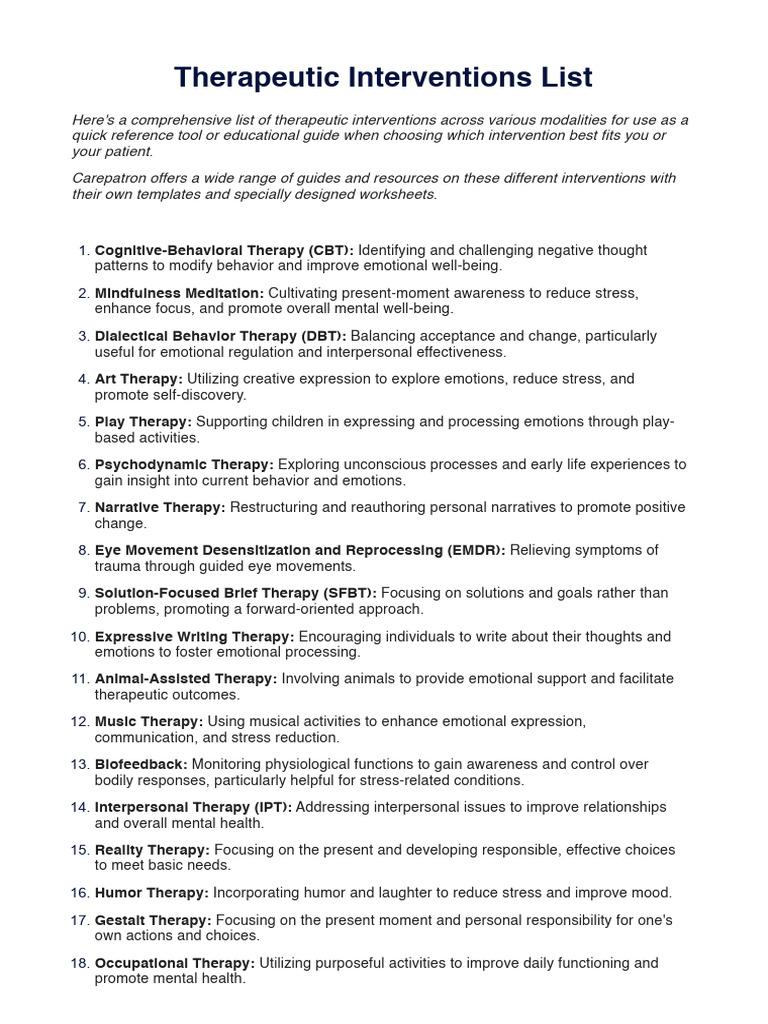 Comprehensive Therapeutic Interventions List | PDF | Psychotherapy ...