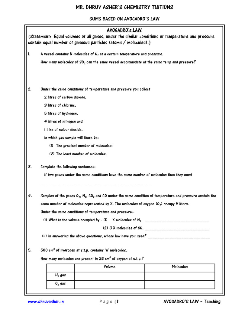 WS - Avogadro's Law - Teaching | PDF | Gases | Molecules