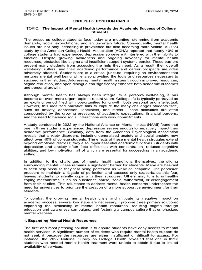 Mental Health's Impact on College Success | PDF | Mental Health | Anxiety